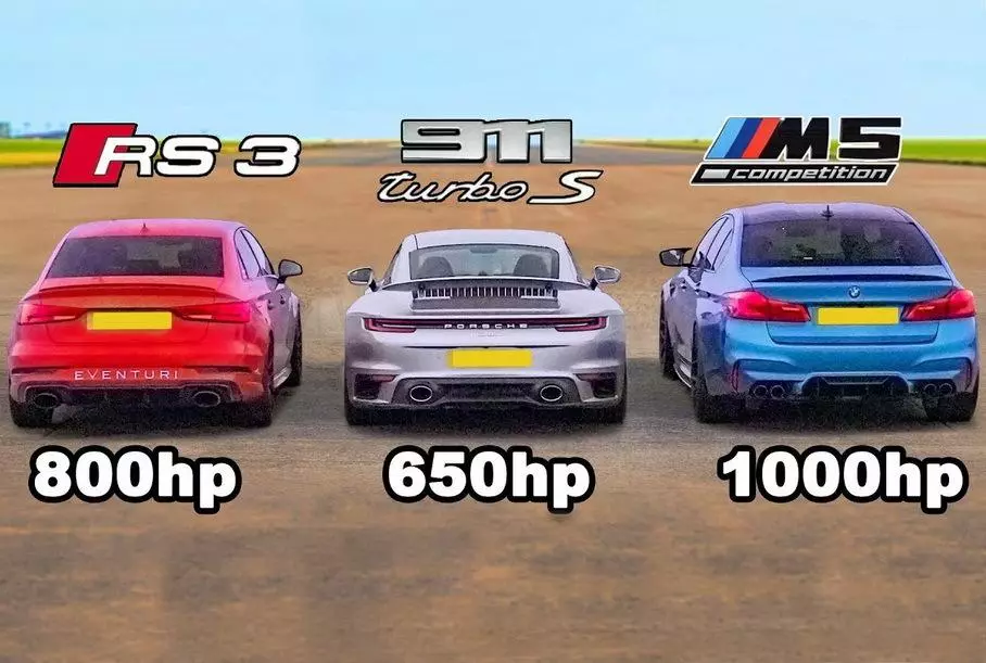 Drag Race: Porsche 911 Turbo S 1000 күчтүү BMW жана 800-күчтүү ауди 3189_1