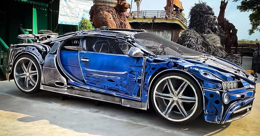 Pozrite sa na Chiron Bugatti, vyrobený z kovu šrotu